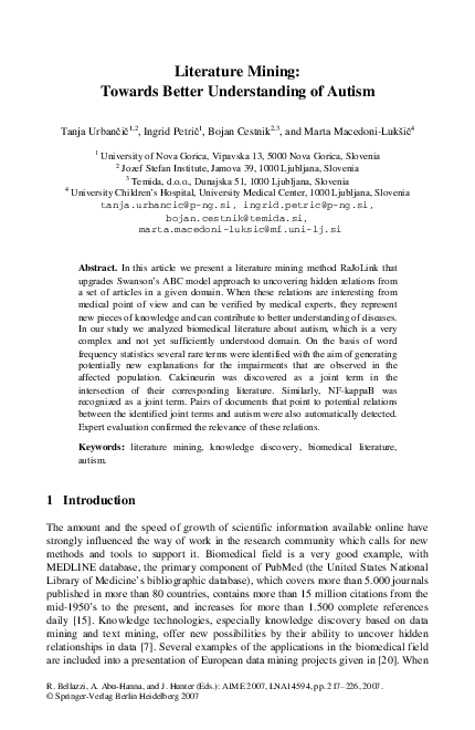 (PDF) Literature Mining: Towards Better Understanding of Autism | Tanja ...
