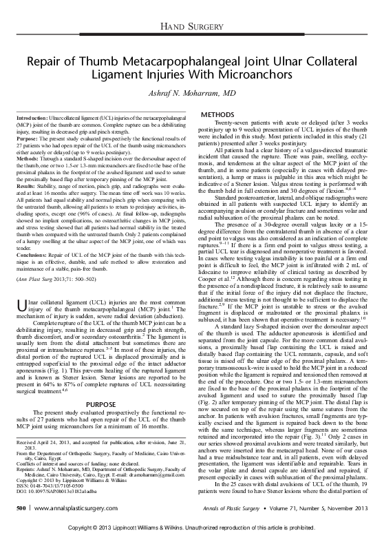 (PDF) Repair of Thumb Metacarpophalangeal Joint Ulnar Collateral Ligament Injuries With Microanchors