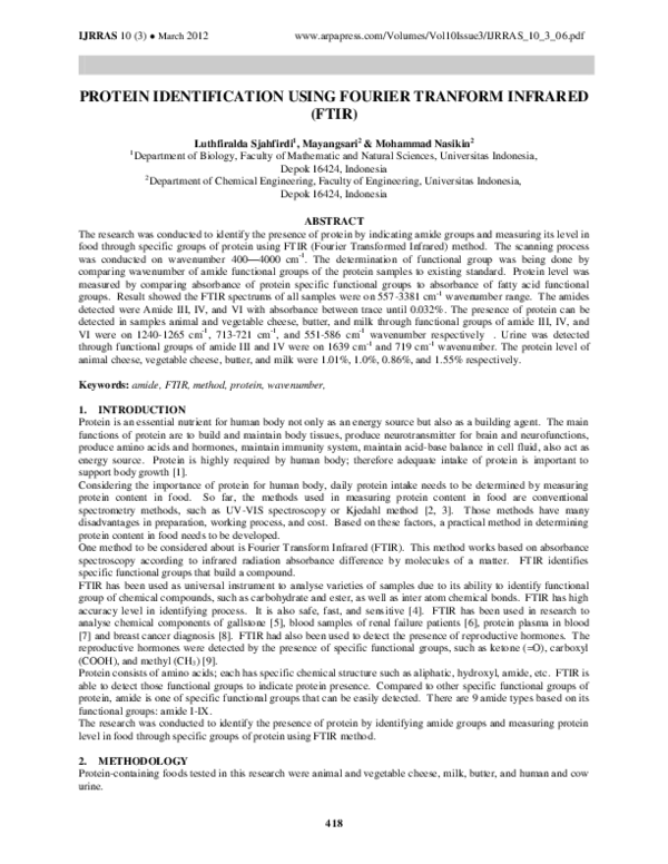 (PDF) Protein Identification Using Fourier Tranform Infrared (Ftir)