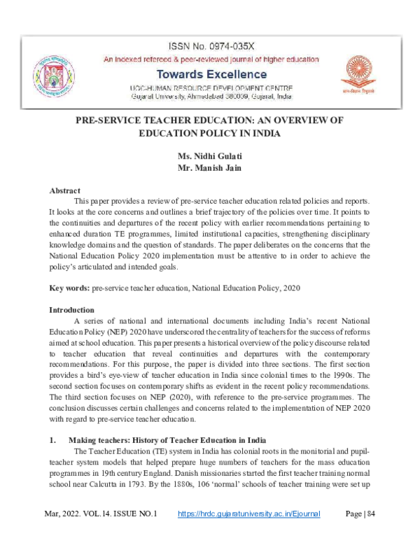(PDF) Pre-Service Teacher Education: An Overview of Education Policy in ...