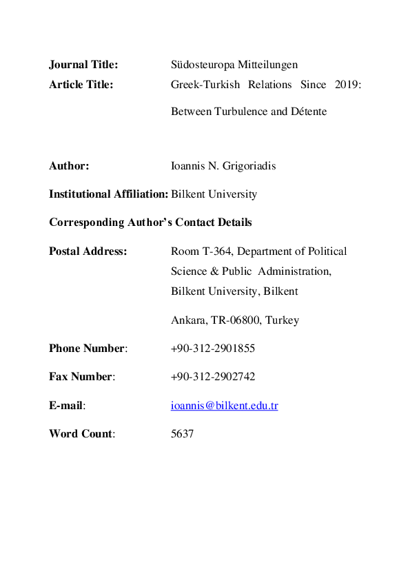 (PDF) Greek-Turkish Relations Since 2019: Between Turbulence and Détente