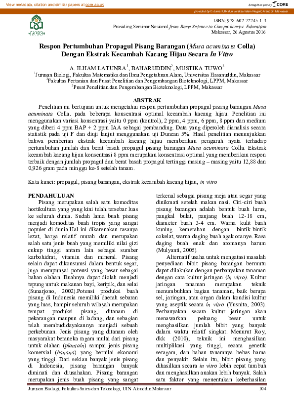(PDF) Respon Pertumbuhan Propagul Pisang Barangan (Musa acuminata Colla ...