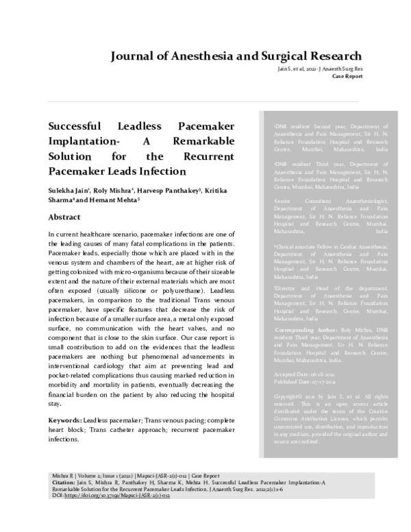 (PDF) Successful Leadless Pacemaker Implantation-A Remarkable Solution for the Recurrent ...