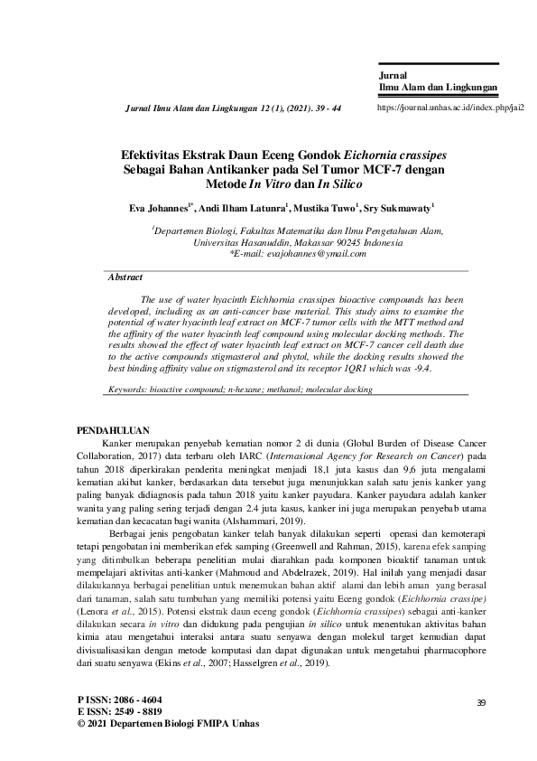 (PDF) Efektivitas Ekstrak Daun Eceng Gondok Eichornia crassipes Sebagai ...
