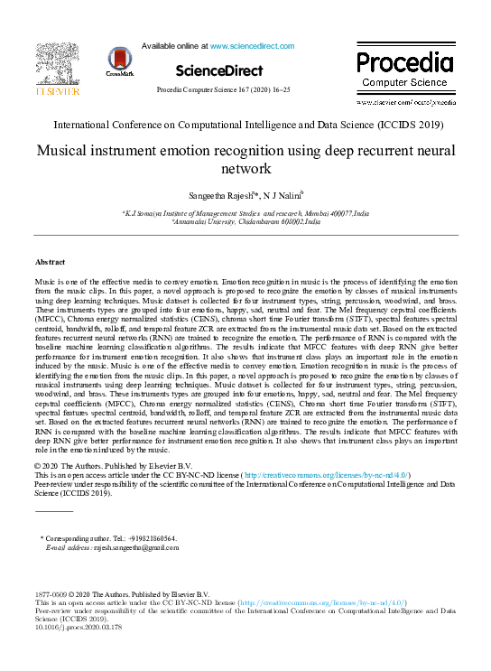 (PDF) Musical instrument emotion recognition using deep recurrent neural network