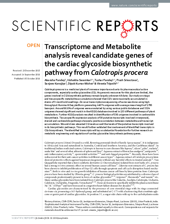 Pdf Transcriptome And Metabolite Analysis Reveal Candidate Genes Of