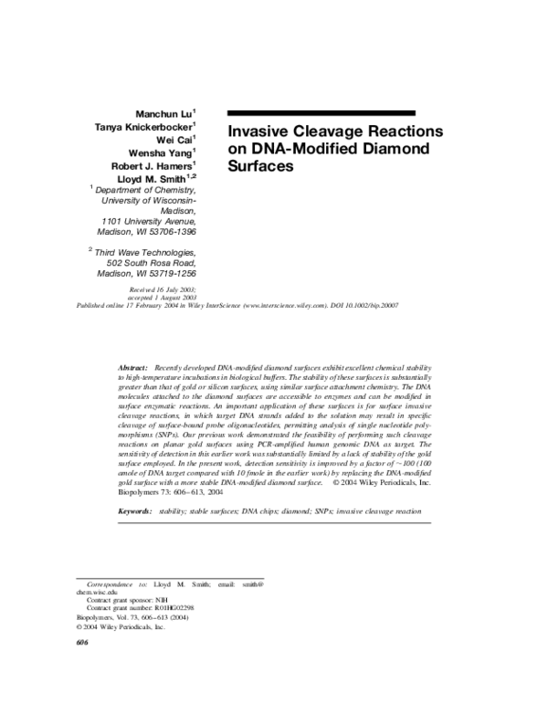 (PDF) Invasive cleavage reactions on DNA-modified diamond surfaces