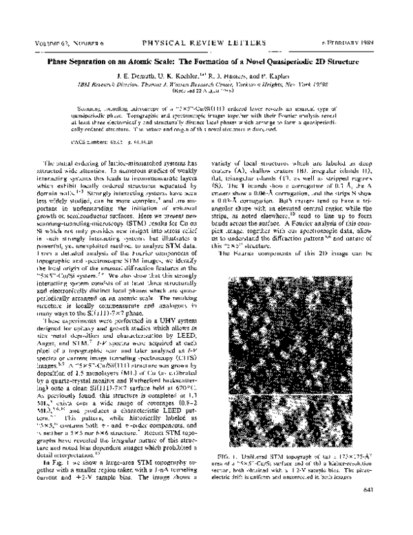 (PDF) Phase Separation on an Atomic Scale: The Formation of a Novel Quasiperiodic 2D Structure