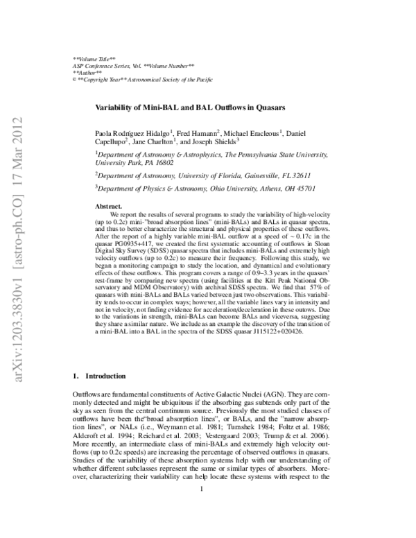(PDF) Variability of Mini-BAL and BAL Outflows in Quasars