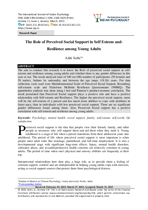 (PDF) The Role of Perceived Social Support in Self Esteem and ...