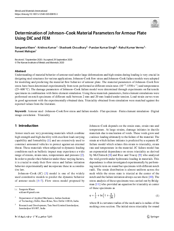 (PDF) Determination of Johnson–Cook Material Parameters for Armour ...
