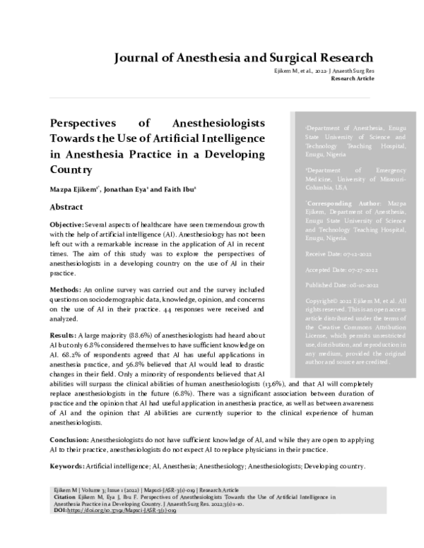(PDF) Perspectives of Anesthesiologists Towards the Use of Artificial Intelligence in Anesthesia ...