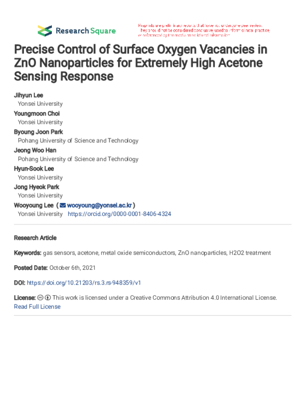 (PDF) Precise Control of Surface Oxygen Vacancies in ZnO Nanoparticles ...