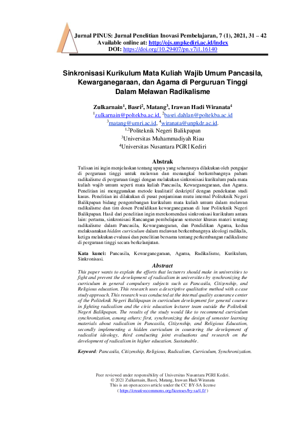 (PDF) Sinkronisasi Kurikulum Mata Kuliah Wajib Umum Pancasila, Kewarganegaraan, dan Agama di ...