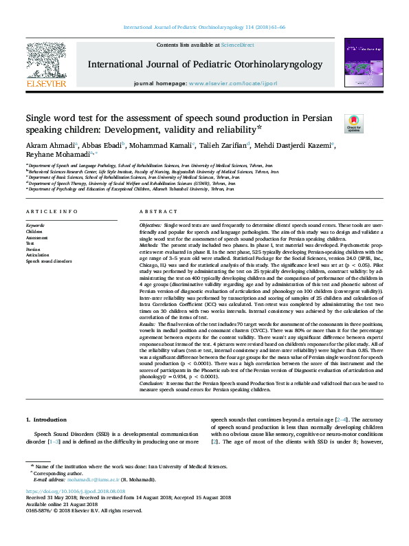 (PDF) Single word test for the assessment of speech sound production in ...