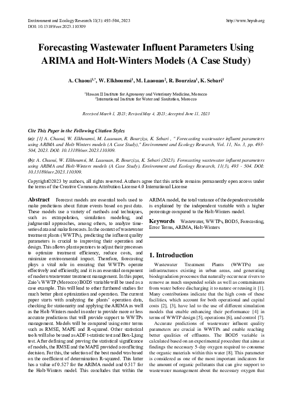 (PDF) Forecasting Wastewater Influent Parameters Using ARIMA and Holt-Winters Models (A Case Study