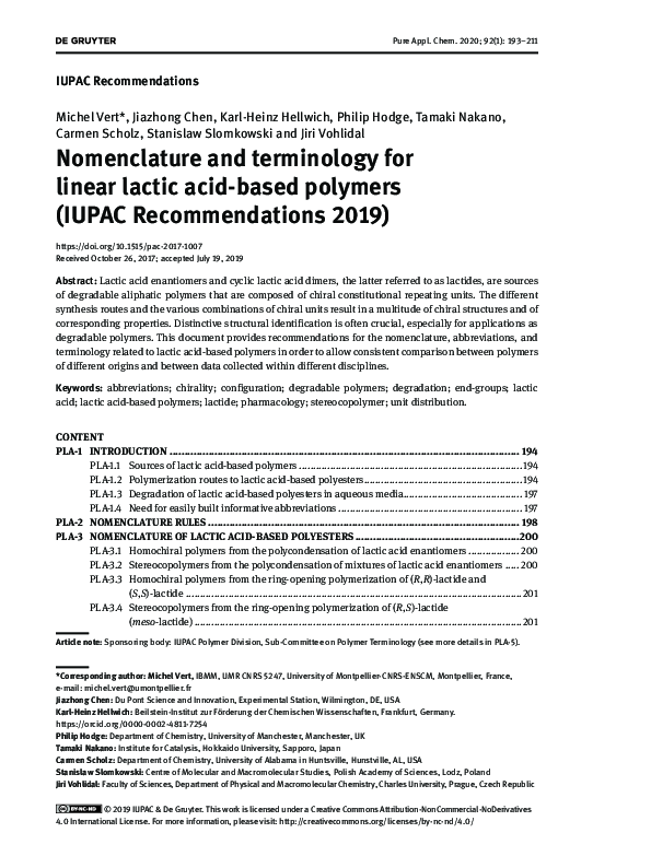 (PDF) Nomenclature and terminology for linear lactic acid-based ...