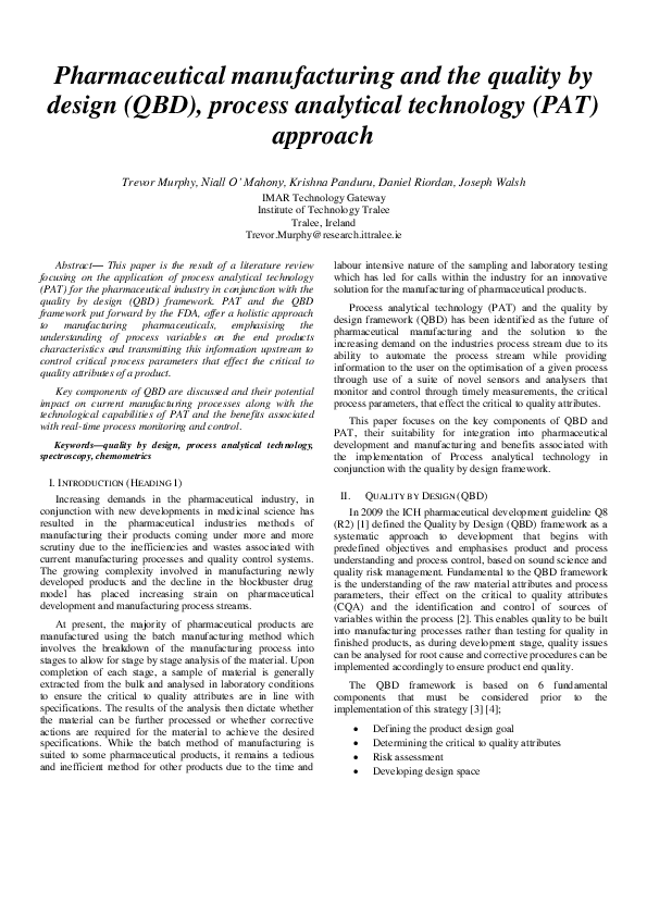 (PDF) Pharmaceutical manufacturing and the quality by design (QBD ... (PDF) Pharmaceutical manufacturing and the quality by design (QBD ...