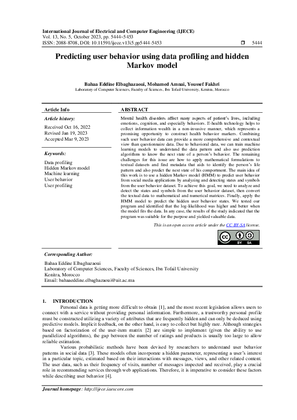 Pdf Predicting User Behavior Using Data Profiling And Hidden Markov Model International