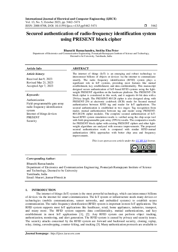 (PDF) Secure RFID Authentication in IoT using PRESENT Cipher