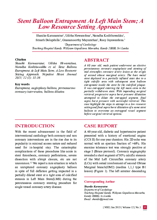 (PDF) Stent Balloon Entrapment At Left Main Stem; A Low Resource ...