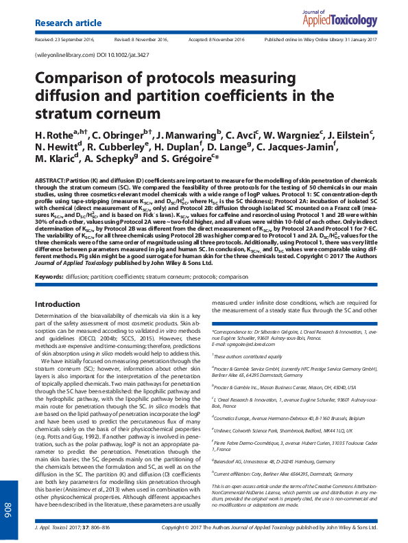 (PDF) Comparison of protocols measuring diffusion and partition coefficients in the stratum corneum