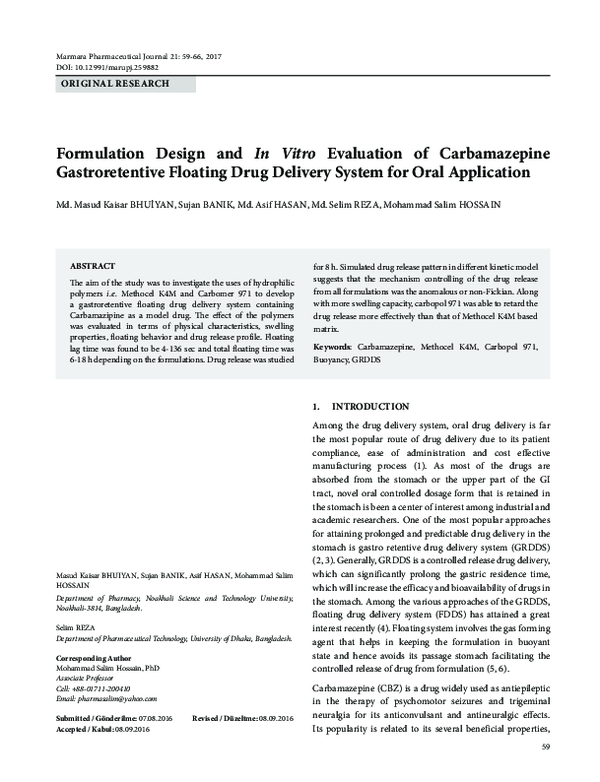 Pdf Formulation Design And In Vitro Evaluation Of Carbamazepine Gastroretentive Floating Drug