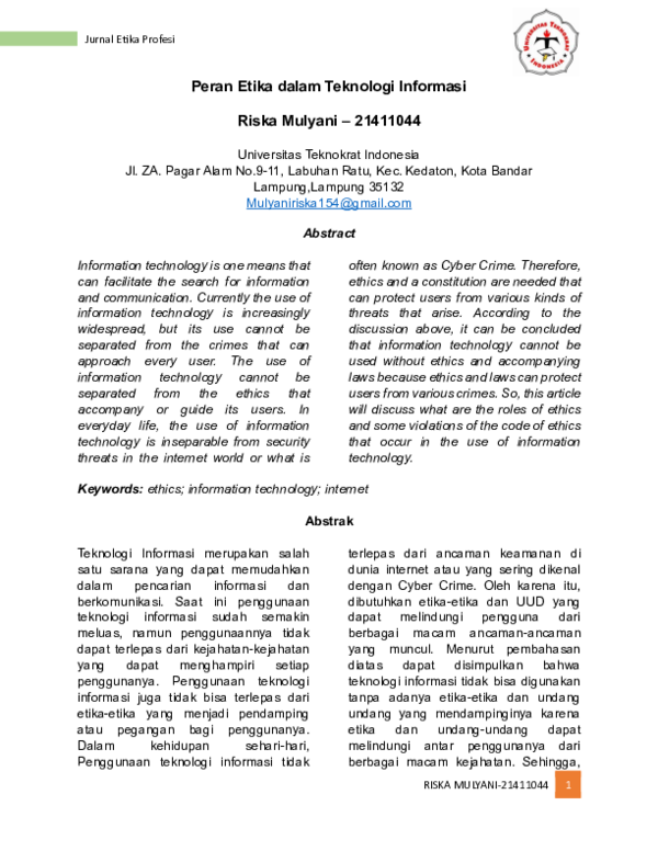 (PDF) Peran Etika dalam Teknologi Informasi