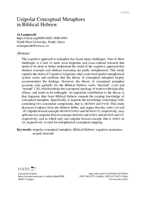 (PDF) Unipolar Conceptual Metaphors in Biblical Hebrew