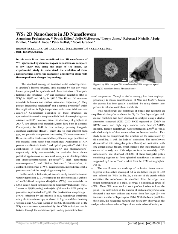 (PDF) WS 2 2D nanosheets in 3D nanoflowers | Alison Crossley - Academia.edu