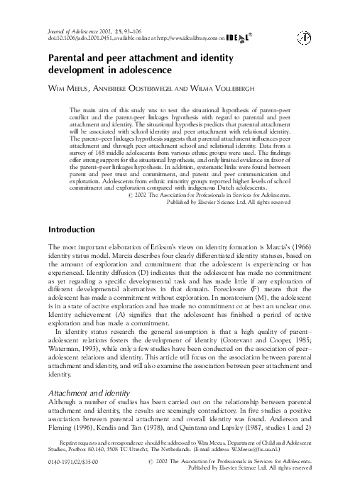(PDF) Parental and peer attachment and identity development in adolescence
