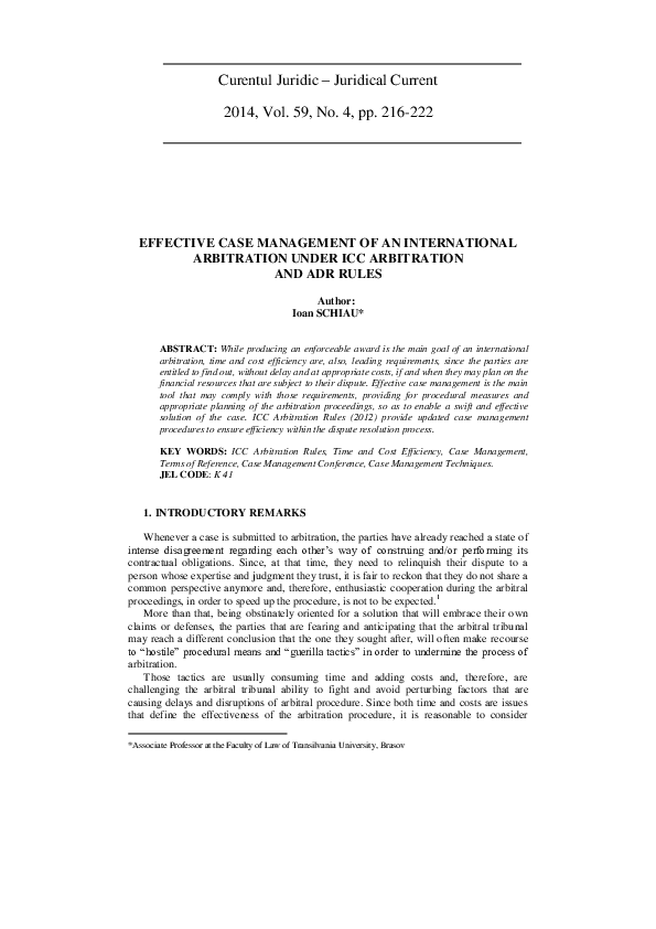 (PDF) Effective Case Management Of An International Arbitration Under ...