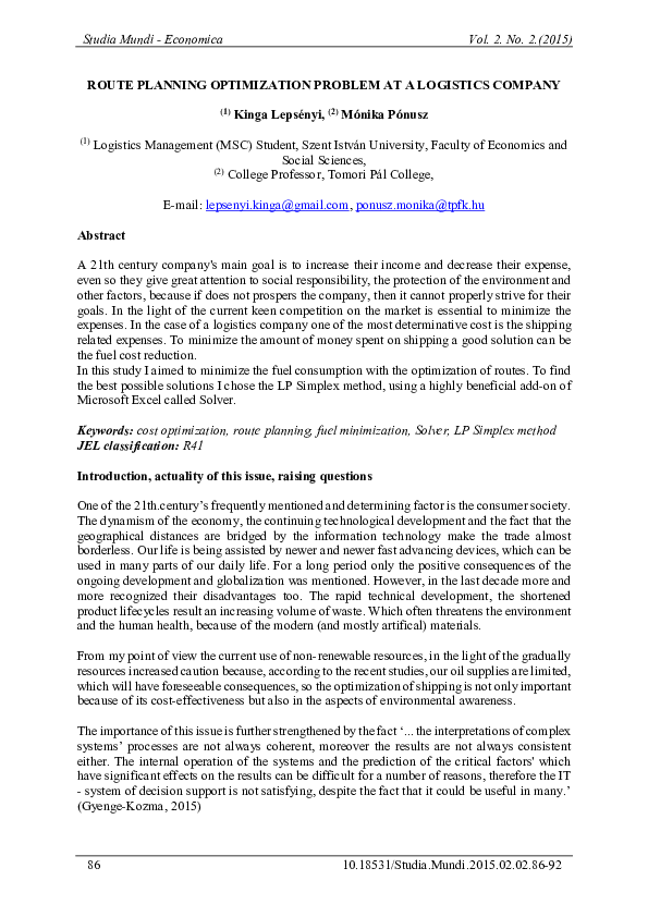 (PDF) Route planning optimization problem at a logistics company ...