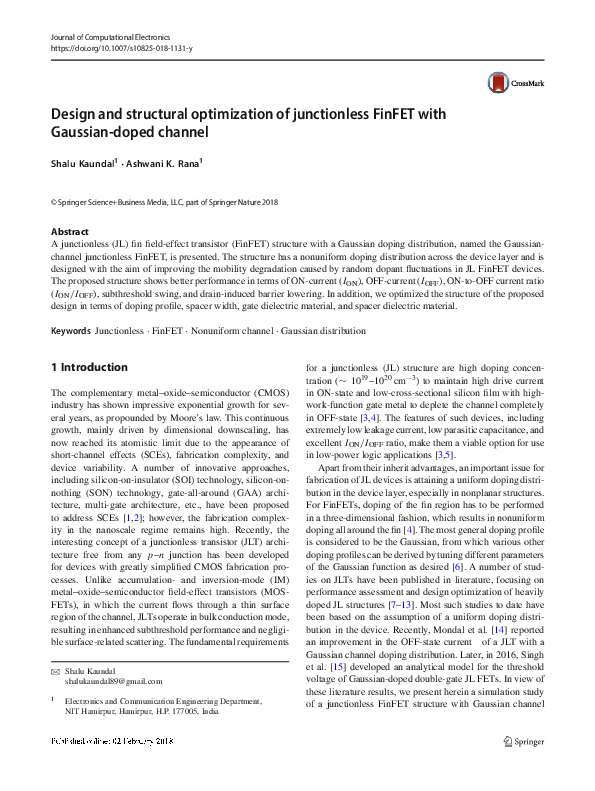 (PDF) Design and structural optimization of junctionless FinFET with Gaussian-doped channel