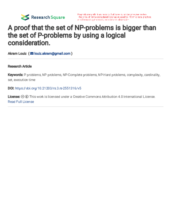 (PDF) A proof that the set of NP-problems is bigger than the set of P-problems by using a ...