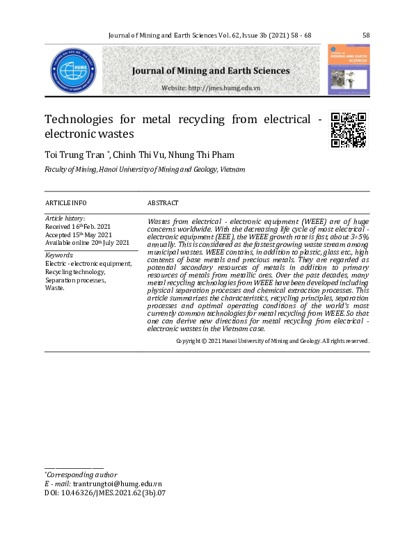 (PDF) Technologies for metal recycling from electrical - electronic wastes