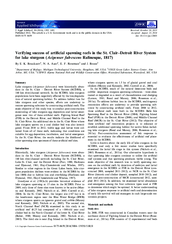 (PDF) Verifying success of artificial spawning reefs in the St. Clair-Detroit River System for ...
