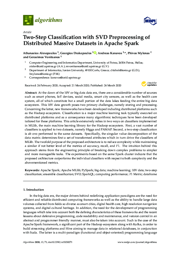 Pdf Two Step Classification With Svd Preprocessing Of Distributed Massive Datasets In Apache Spark 6411