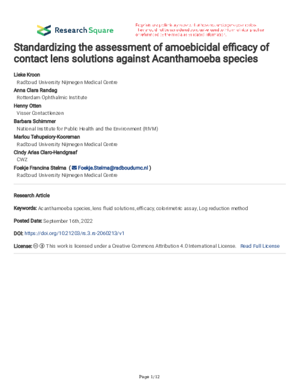 (PDF) Standardizing the assessment of amoebicidal efficacy of contact ...