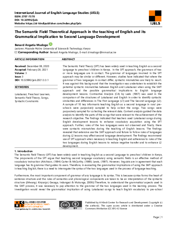(PDF) The Semantic Field Theoretical Approach in the teaching of English and its Grammatical ...