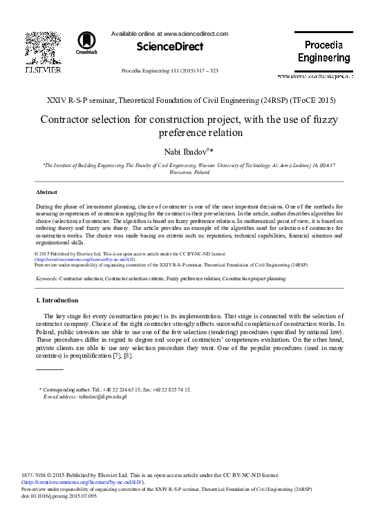 Pdf Contractor Selection For Construction Project With The Use Of Fuzzy Preference Relation