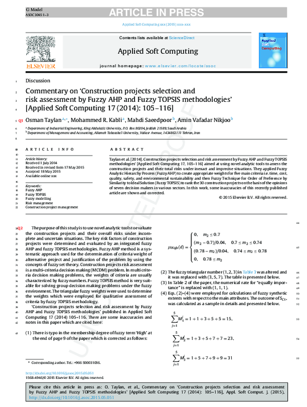 (PDF) Commentary on ‘Construction projects selection and risk assessment by Fuzzy AHP and Fuzzy ...