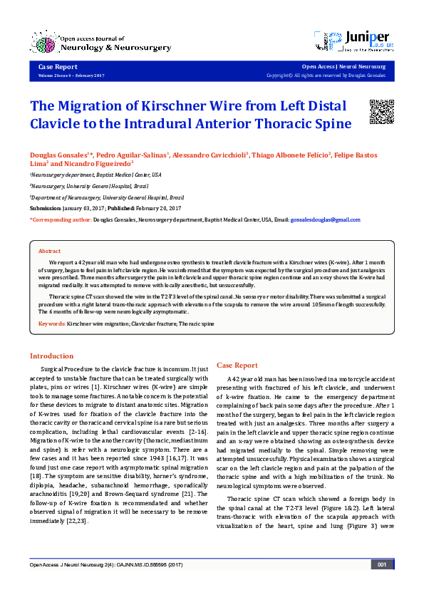 (PDF) The Migration of Kirschner Wire from Left Distal Clavicle to the ...