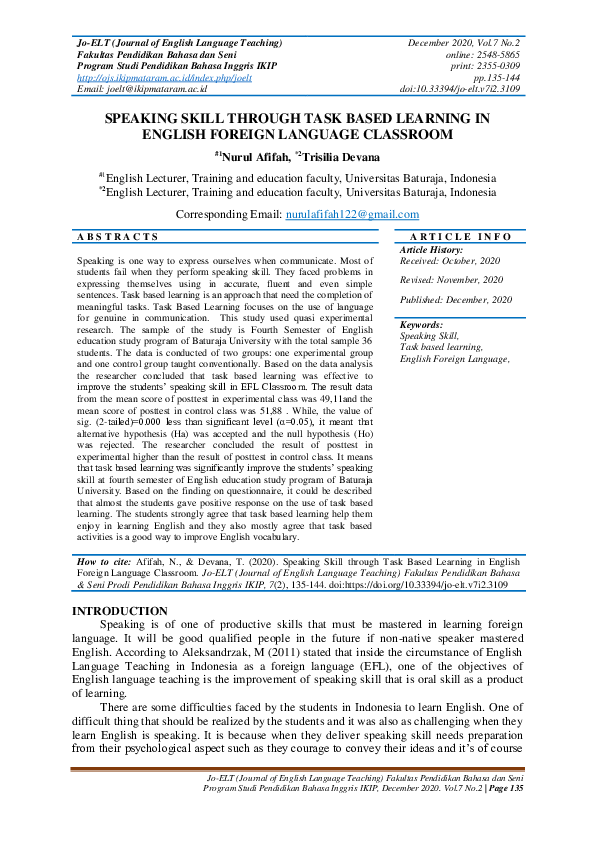 (PDF) Speaking Skill through Task Based Learning in English Foreign ...