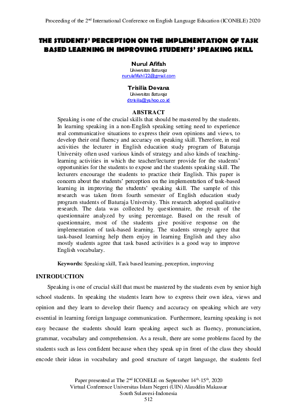 (PDF) The Students’ Perception on the Implementation of Task Based Learning in Improving ...