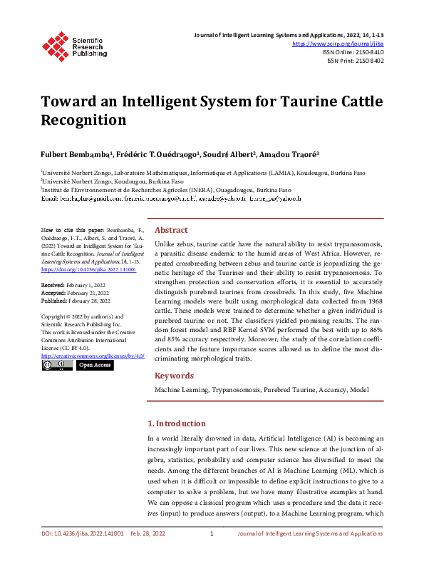 (PDF) Toward an Intelligent System for Taurine Cattle Recognition | Frédéric Ouédraogo ...
