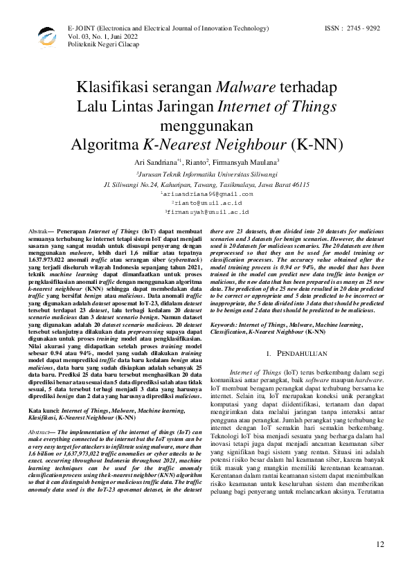 (PDF) Klasifikasi serangan malware terhadap lalu lintas jaringan ...