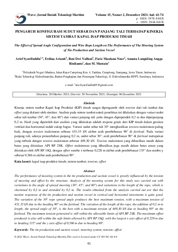 (PDF) Pengaruh Konfigurasi Sudut Sebar Dan Panjang Tali Terhadap Kinerja Sistem Tambat Kapal ...