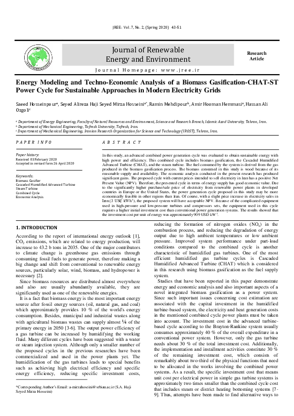 Pdf Energy Modeling And Techno Economic Analysis Of A Biomass Gasification Chat St Power Cycle