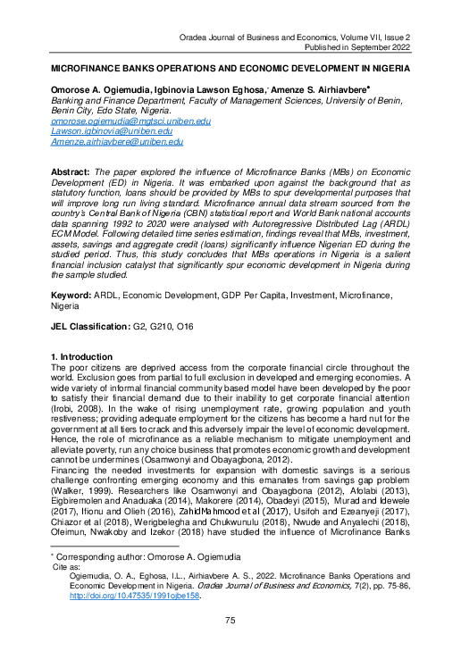 (PDF) Microfinance Banks Operations and Economic Development in Nigeria